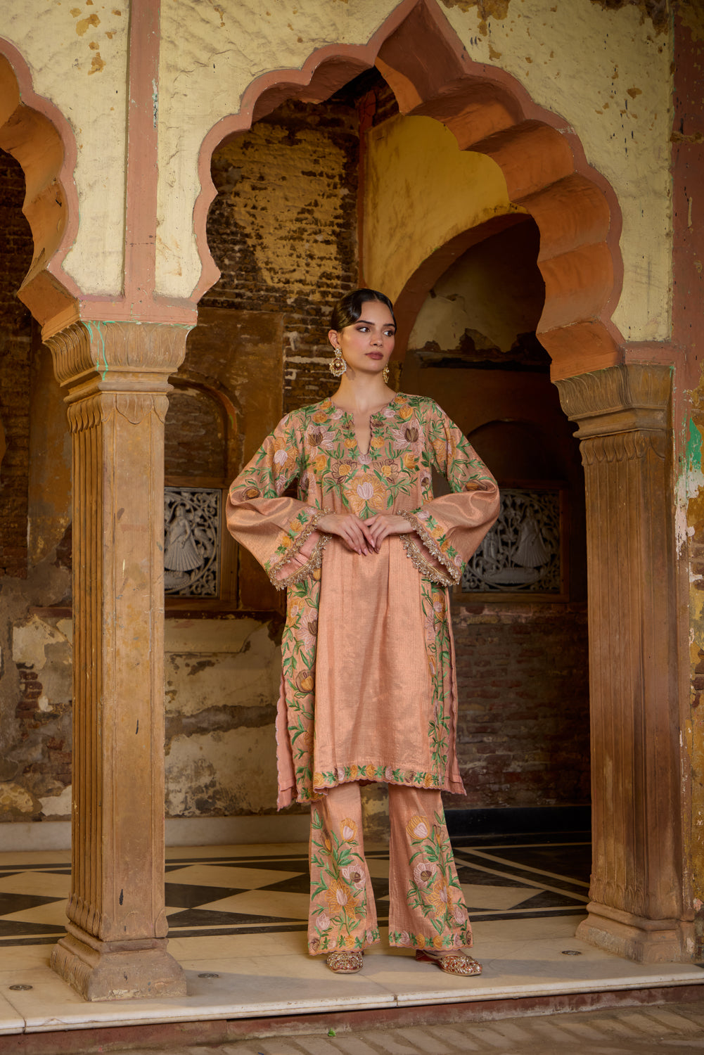 Buy Copper Rose Gold Tissue Kalidaar Kurta Set for women | Koshur India