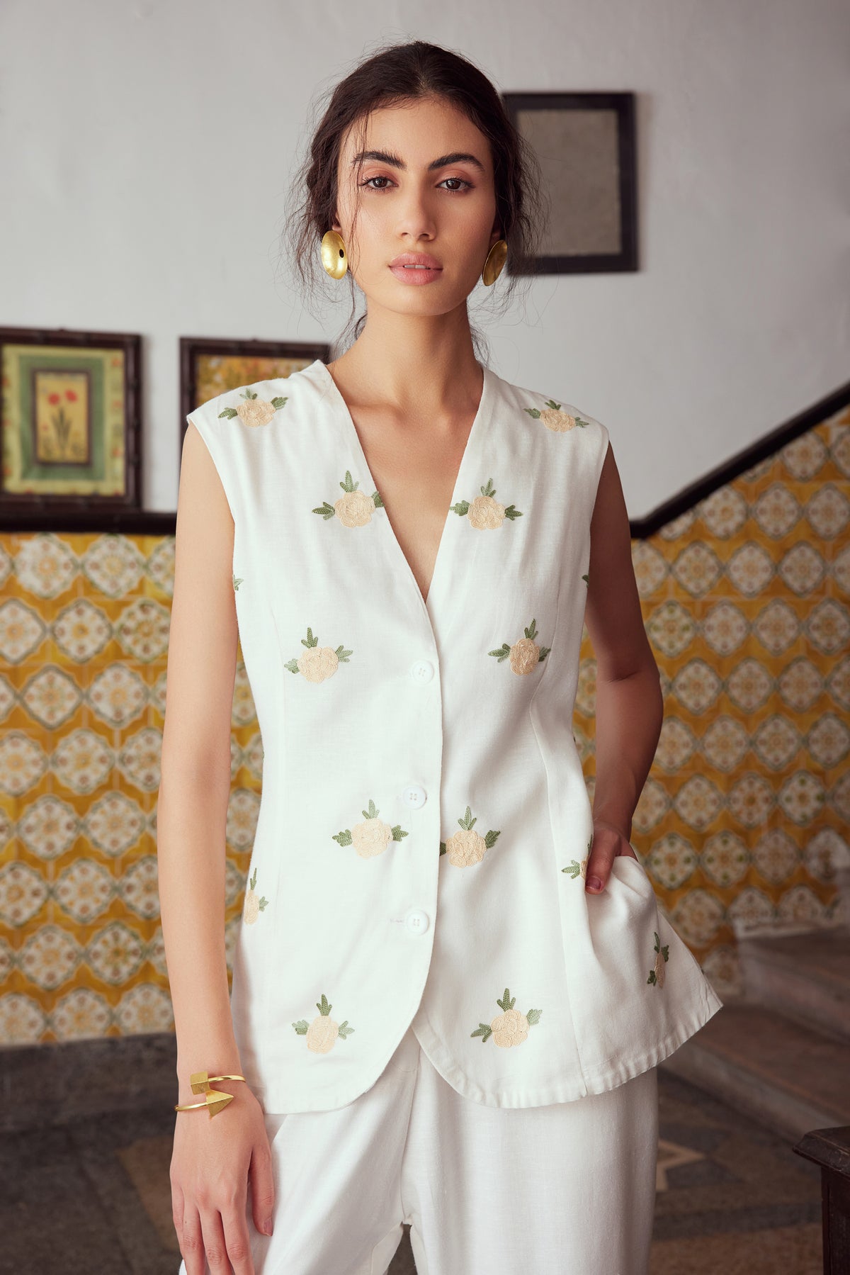 White Linen Waistcoat Set | Koshur India